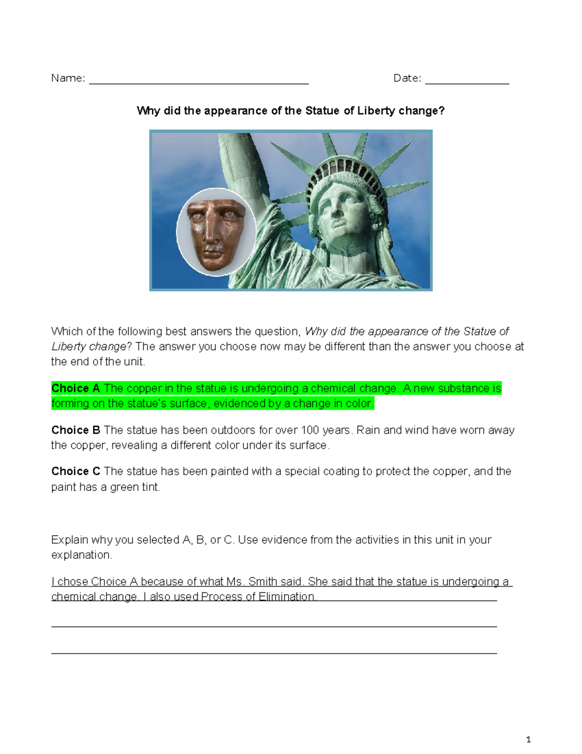 Identifying Chemical Changes: Understanding the Statue of Liberty's ...