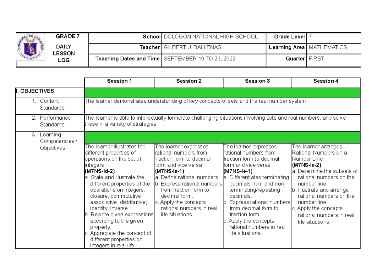 WEEK 5 - G7 MATHEMATICS LESSON PLAN: SETS & RATIONAL NUMBERS - Studocu