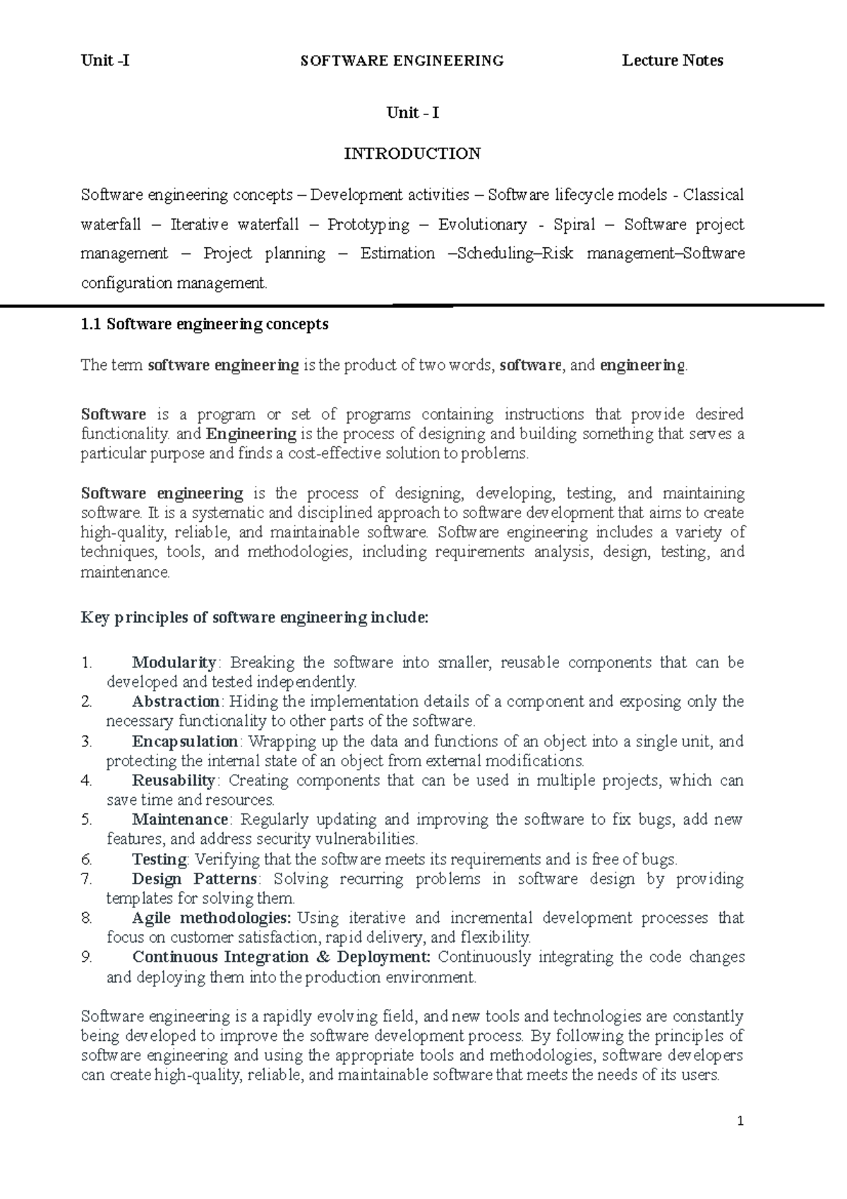 Unit I Lecture Notes Unit I Introduction Software Engineering Concepts Development