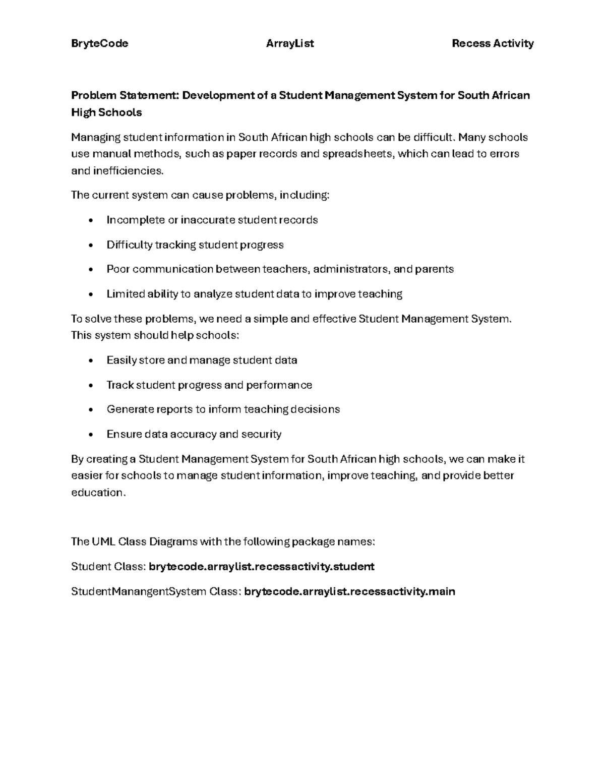 BryteCode ArrayList Recess Activity: Student Management System ...