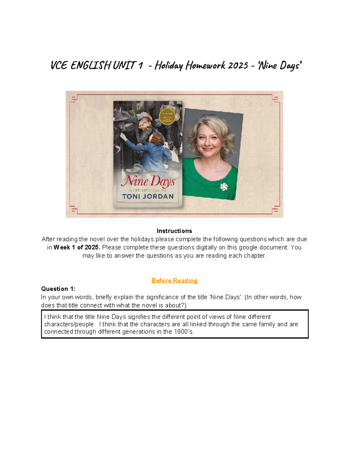 VCE ENGLISH UNIT 1 Holiday Homework: 'Nine Days' Analysis 2025 - Studocu