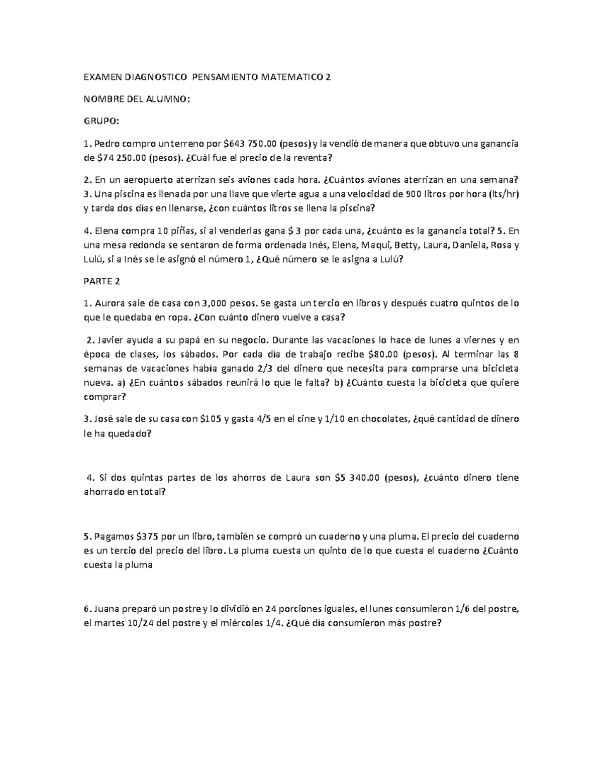 Examen Diagnóstico de Pensamiento Matemático 2: Problemas y Soluciones ...