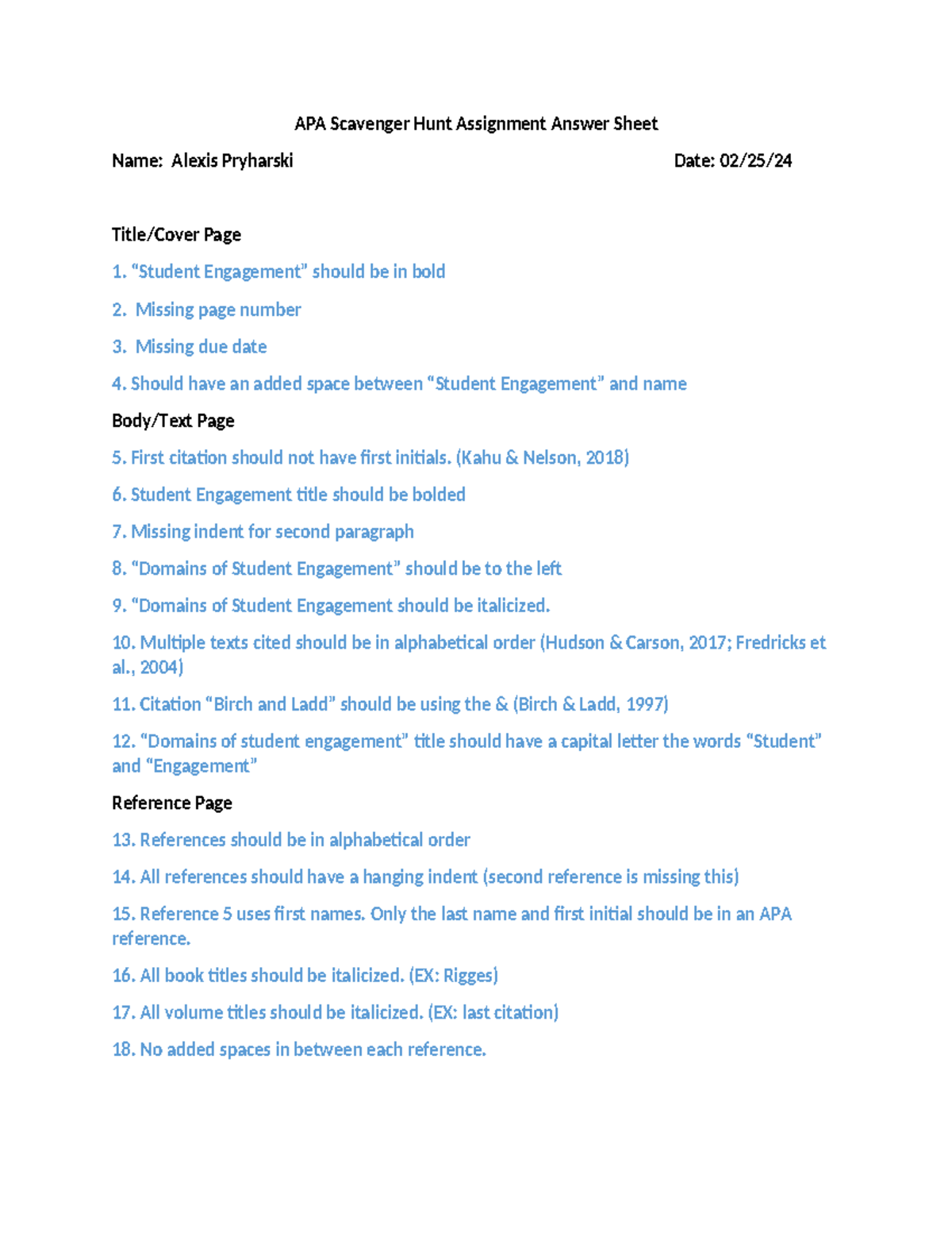 APA Scavenger Hunt Assignment (Answer Sheet) - Key Corrections Guide ...