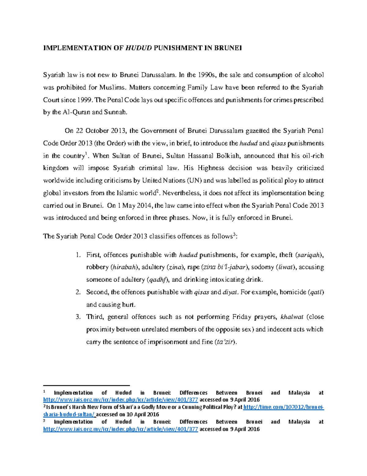 Implementation and Application of Hudud in Brunei - IMPLEMENTATION OF ...