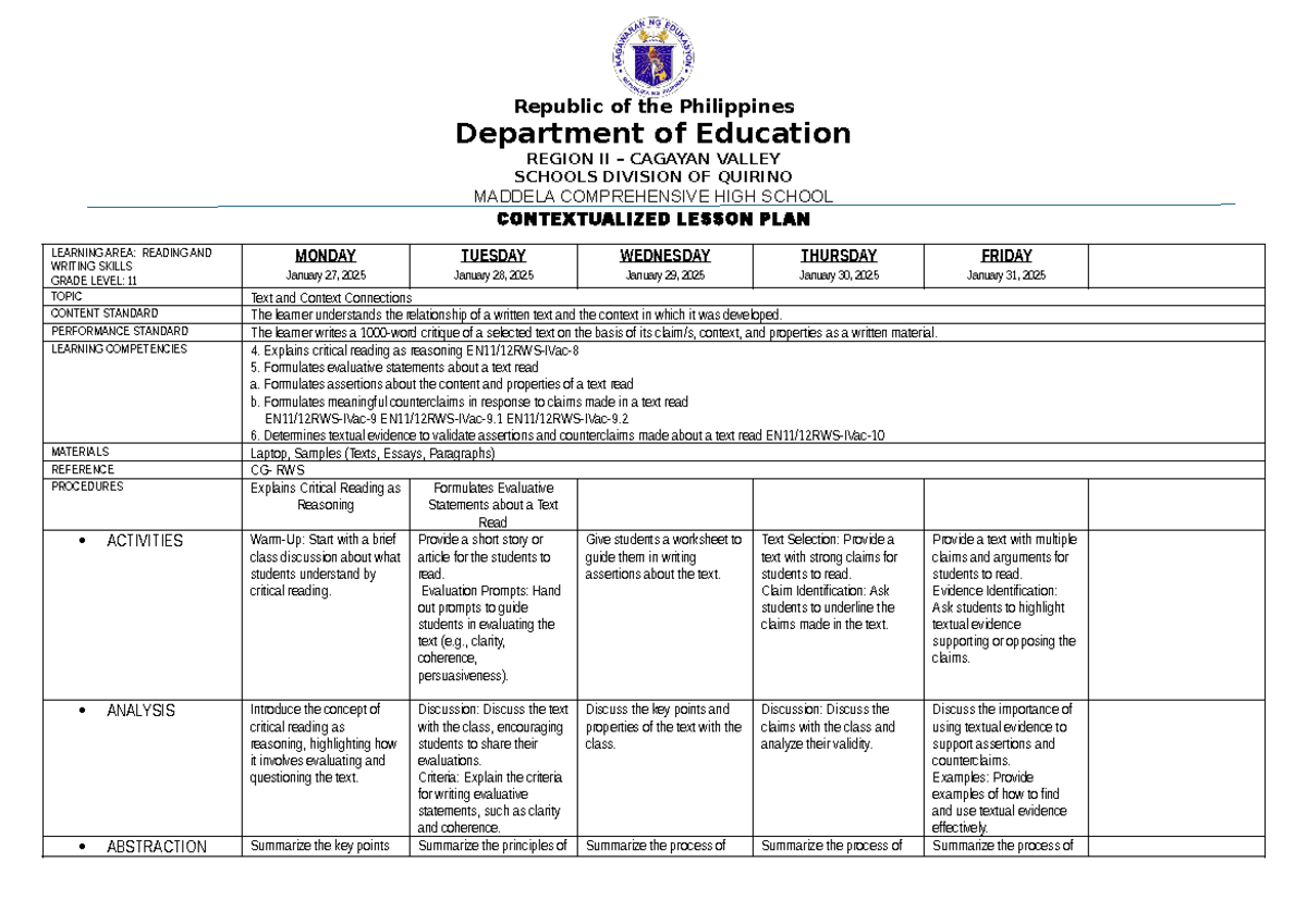 Contextualized Lesson Plan: Reading and Writing Skills EN11/12RWS-IVac ...