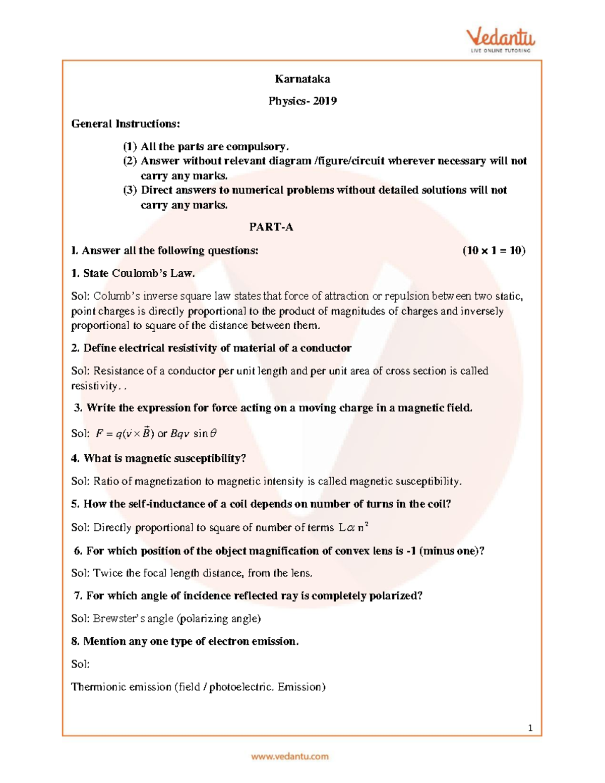 Karnataka PUC Board (Kseeb) Physics Class 12 Question Paper 2019 - Studocu