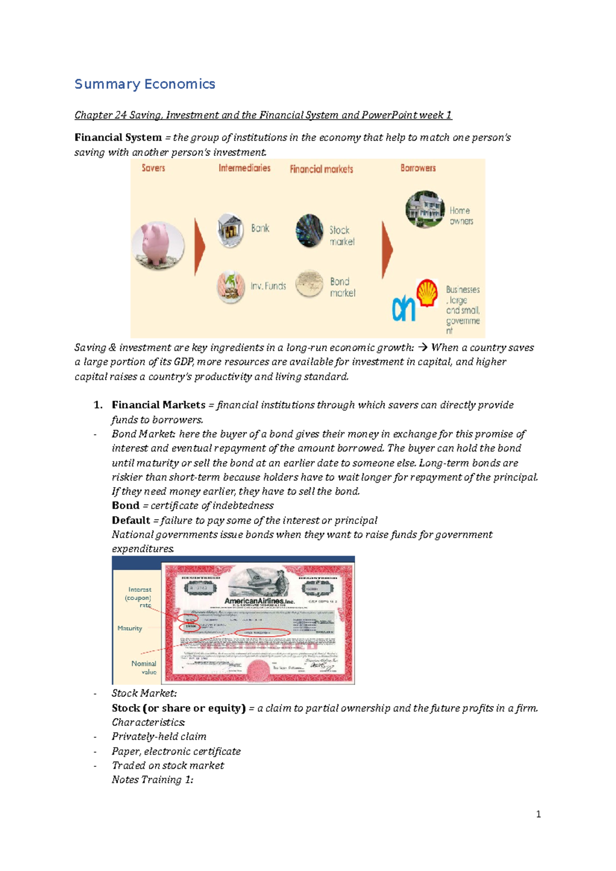 Summary of Economics Concepts: Savings, Investment, and Monetary System ...