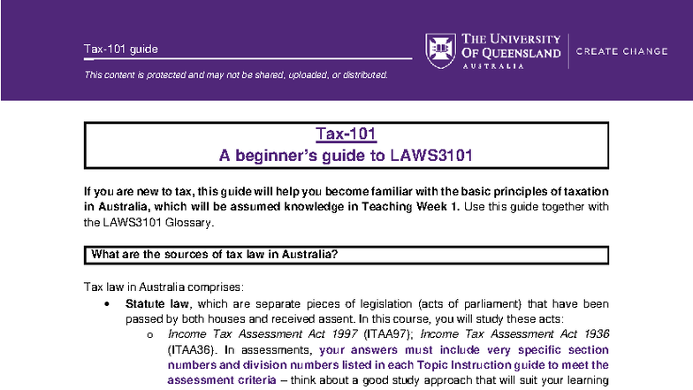 LAWS3101 Tax 101: A Beginner's Guide to Tax Principles - Studocu