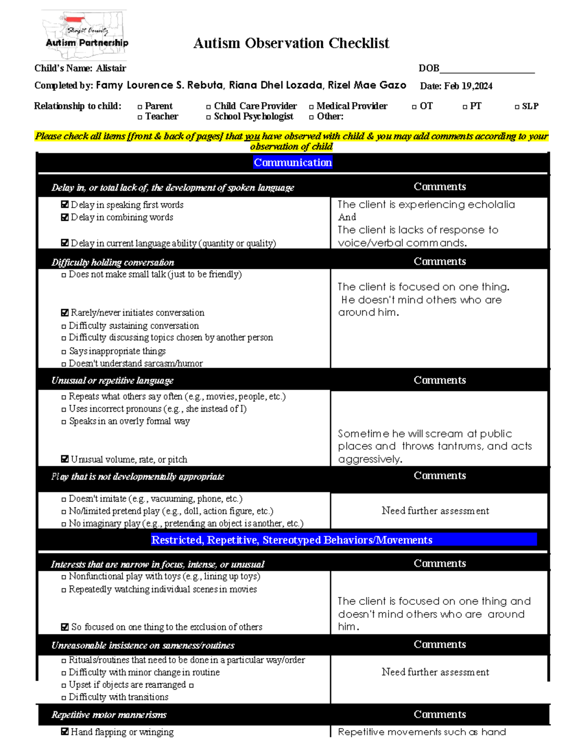 Final Checklist for Autism Observation (ASD) - Studocu