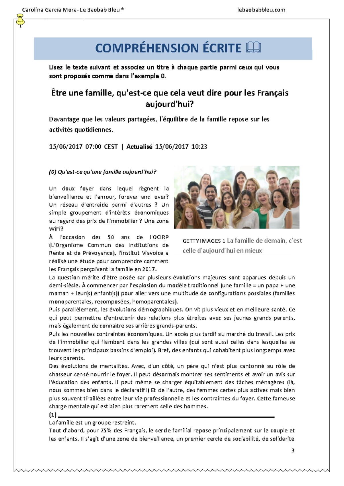 CE - Compréhension Écrite : Les Évolutions de la Famille en France ...