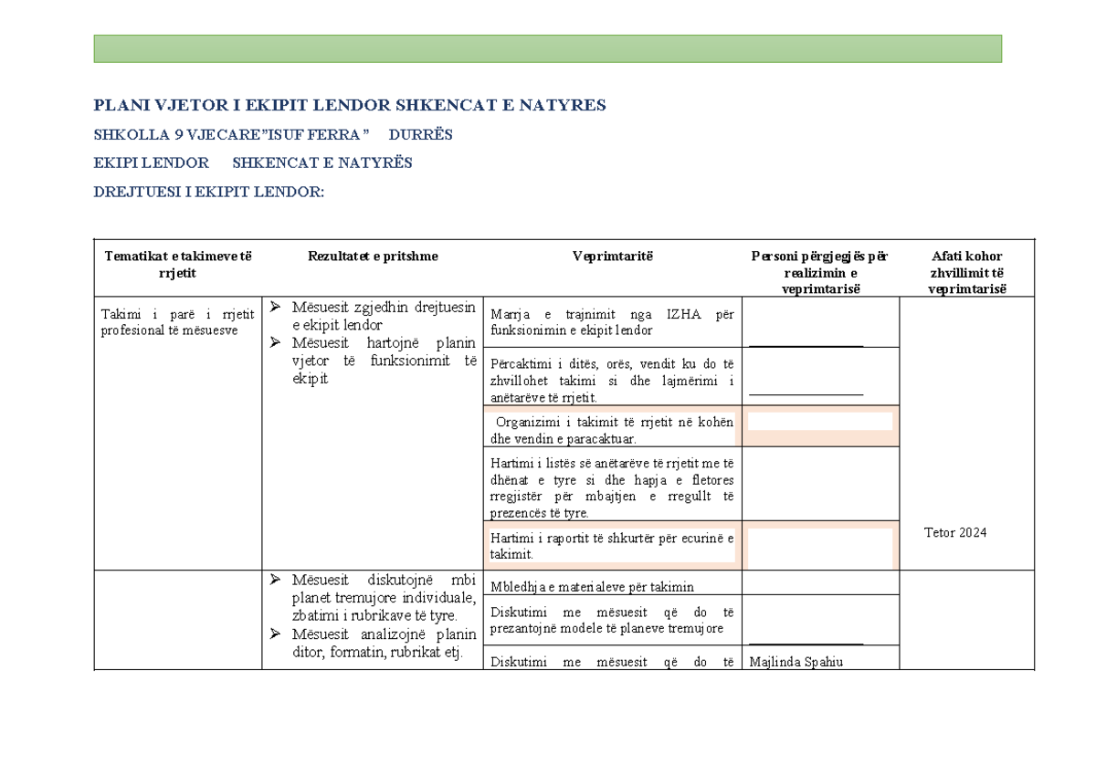 Plani Vjetor i Ekipit Lëndor për Shkencat e Natyrës - 2024-2025 - Studocu