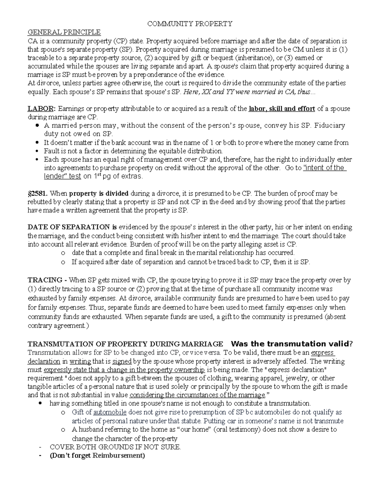 Community property outline: general principles and key concepts in CA ...