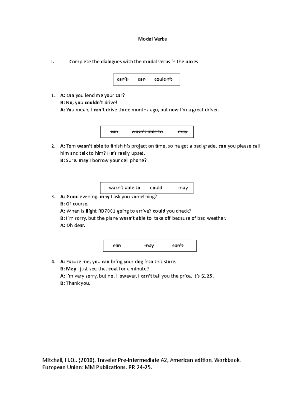 Modal Verbs Practice: Traveler Pre-Intermediate A2 (American Ed.) - Studocu