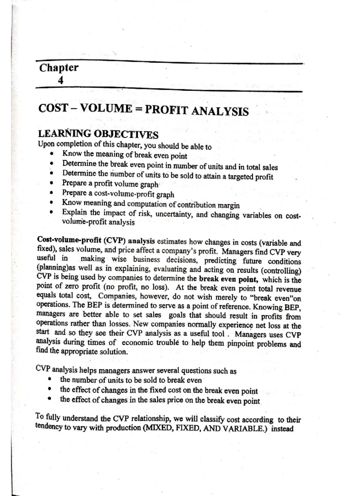 Chapter 4: Cost Volume Profit (CVP) Analysis Notes - Studocu