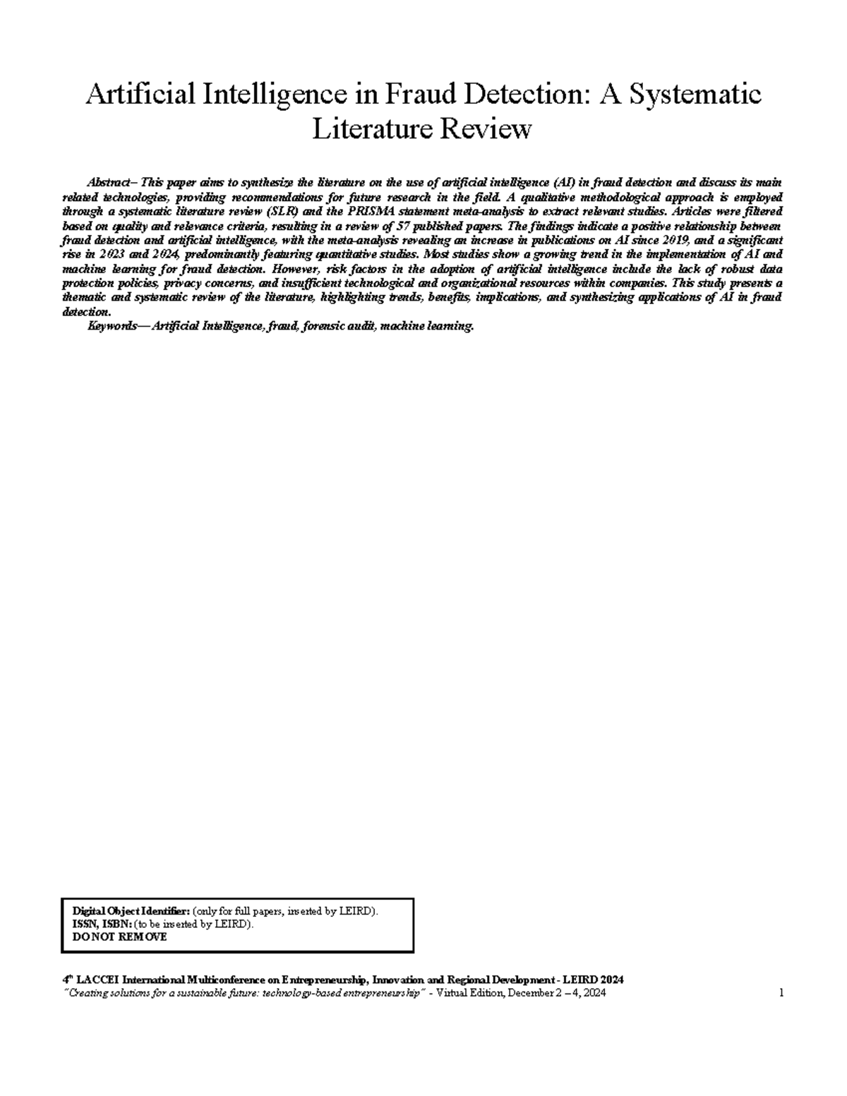 AI in Fraud Detection: Systematic Literature Review (LEIRD 2024) - Studocu