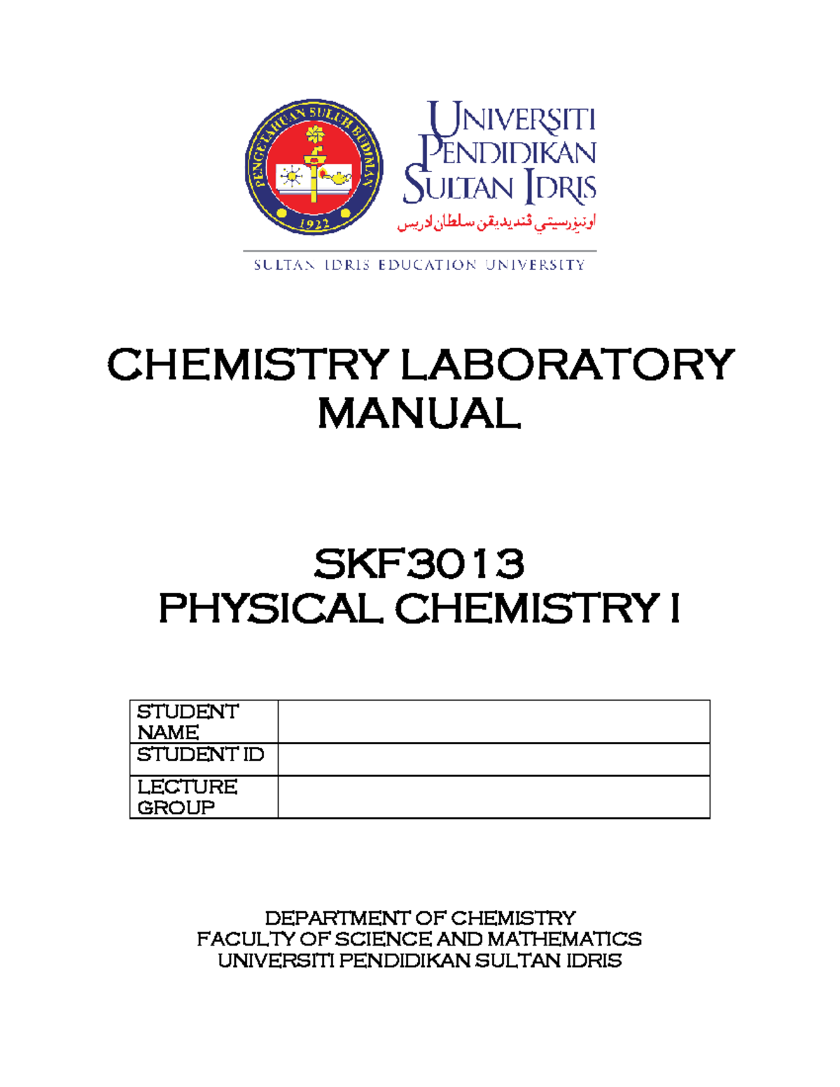 Physical Chemistry I Lab Manual: SKF 3013, Experiment Guidelines ...