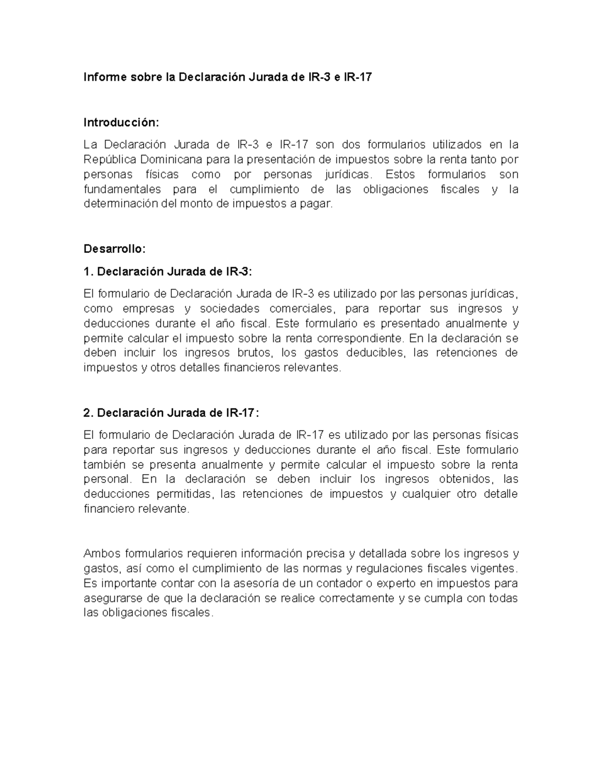 Informe sobre la Declaración Jurada de IR-3 e IR-17 en RD - Studocu