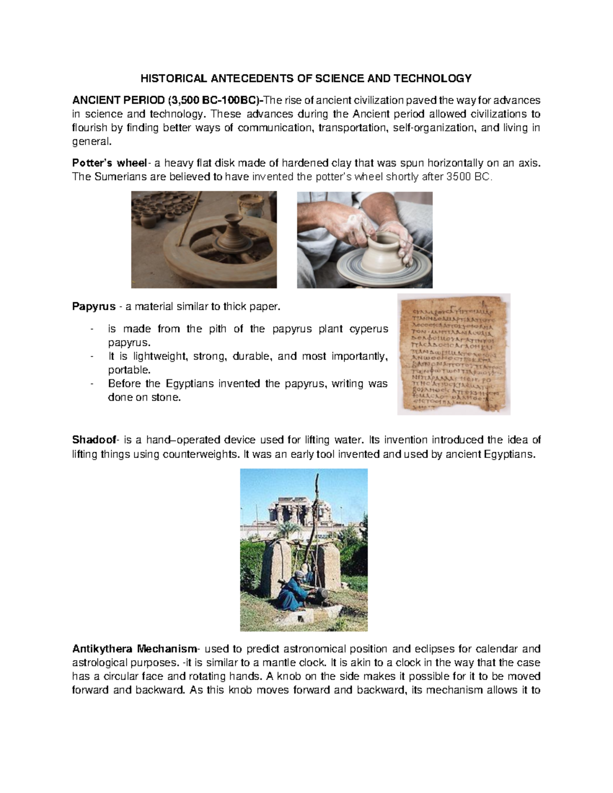 Historical Antecedents OF Science AND Technology IN THE World BEED ...