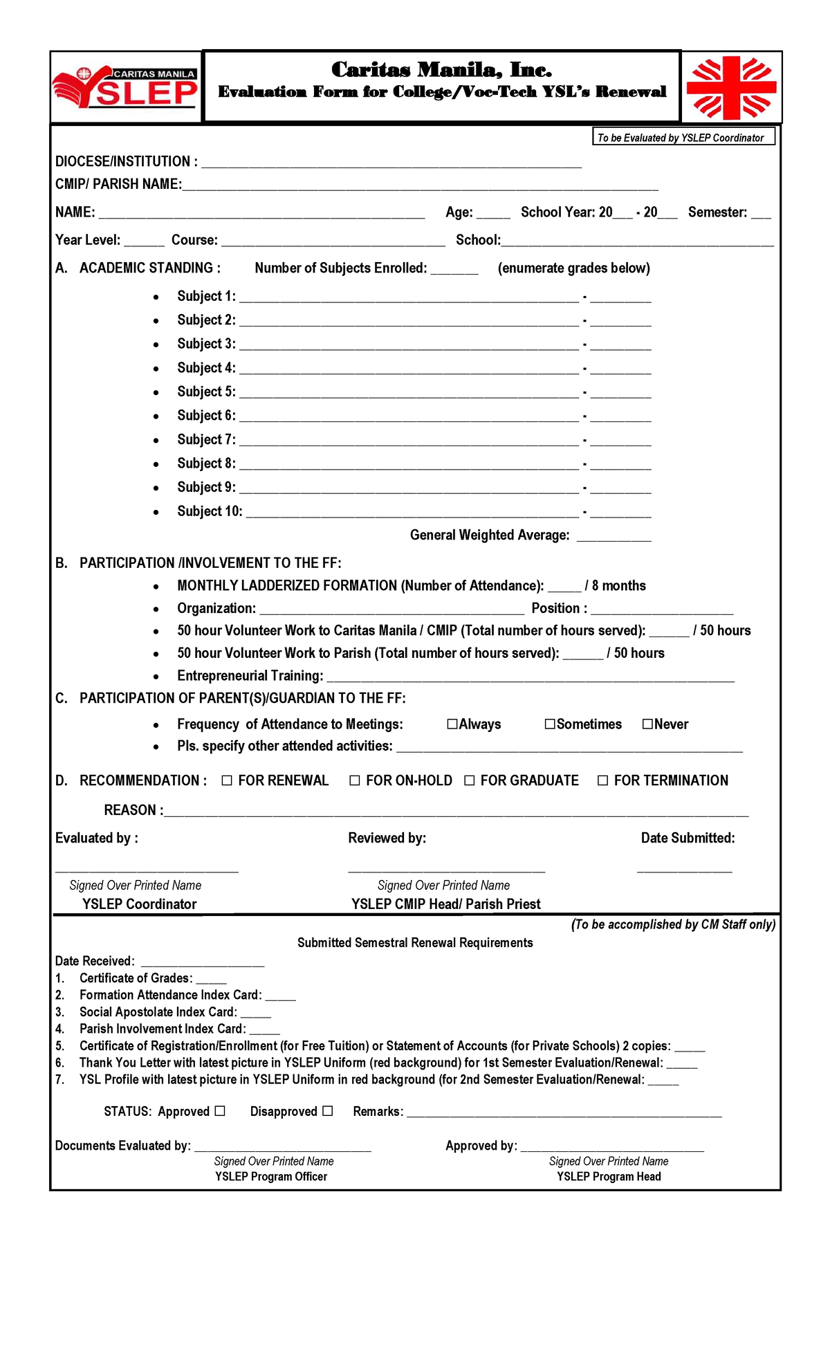 Indvl Evaluation Form for YSLEP Renewal - June 30, 2024 - Studocu