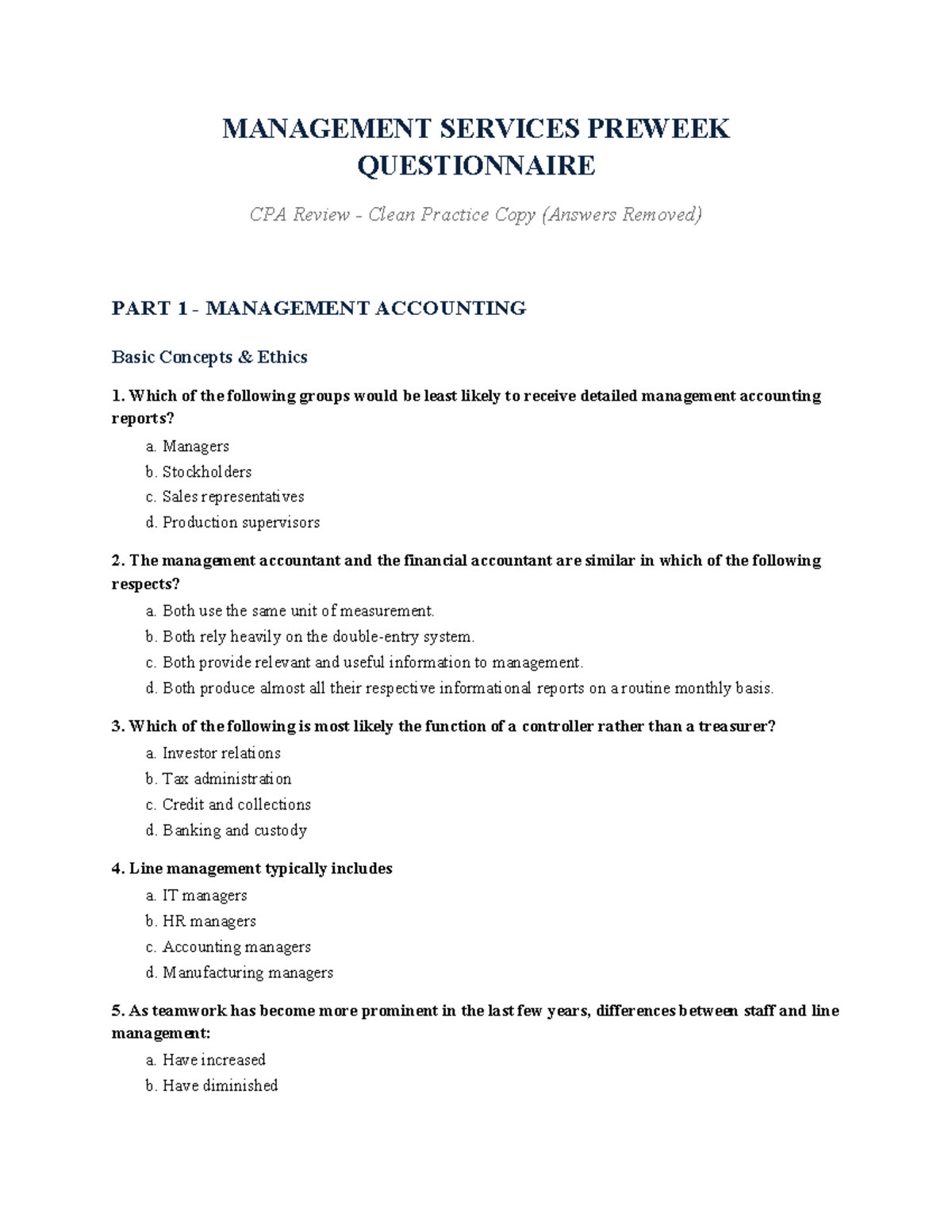 MS Preweek Clean Questionnaire: Management Accounting Insights - Studocu