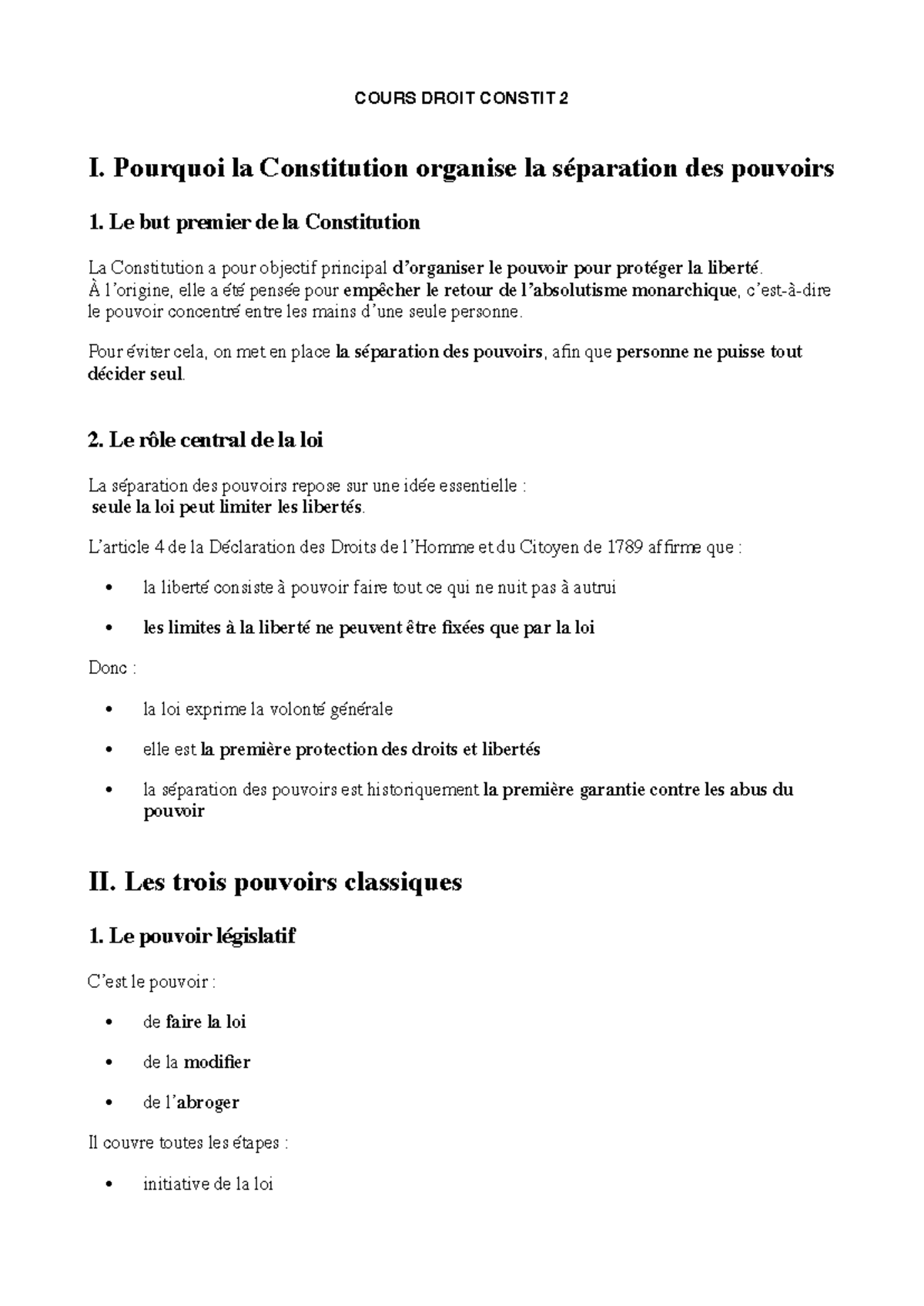 Cours Droit Constit 2 : La Séparation des Pouvoirs et ses Enjeux - Studocu