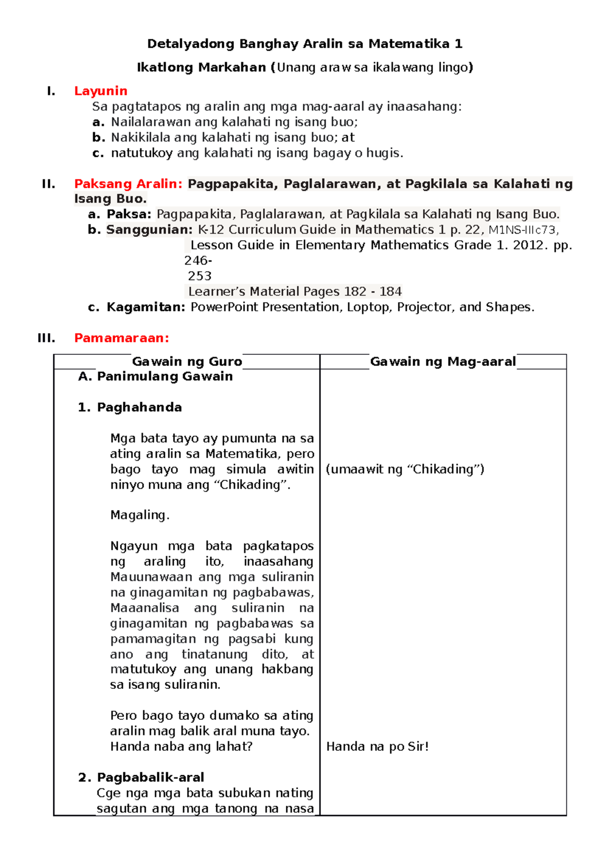 DLP MATH w2 q3 - Copy - daily lesson log for grade 1 - Detalyadong ...