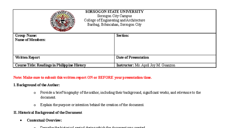 RPH 101 Written Report Template: Insights on Philippine History - Studocu