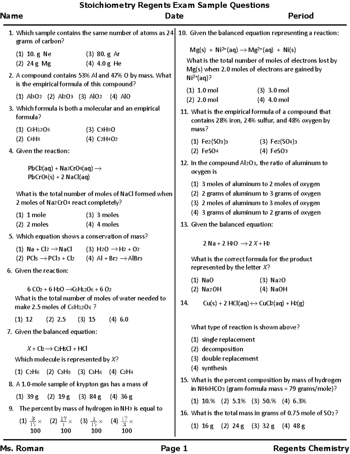Regents Chemistry Stoichiometry Practice Questions - CHEM - Studocu