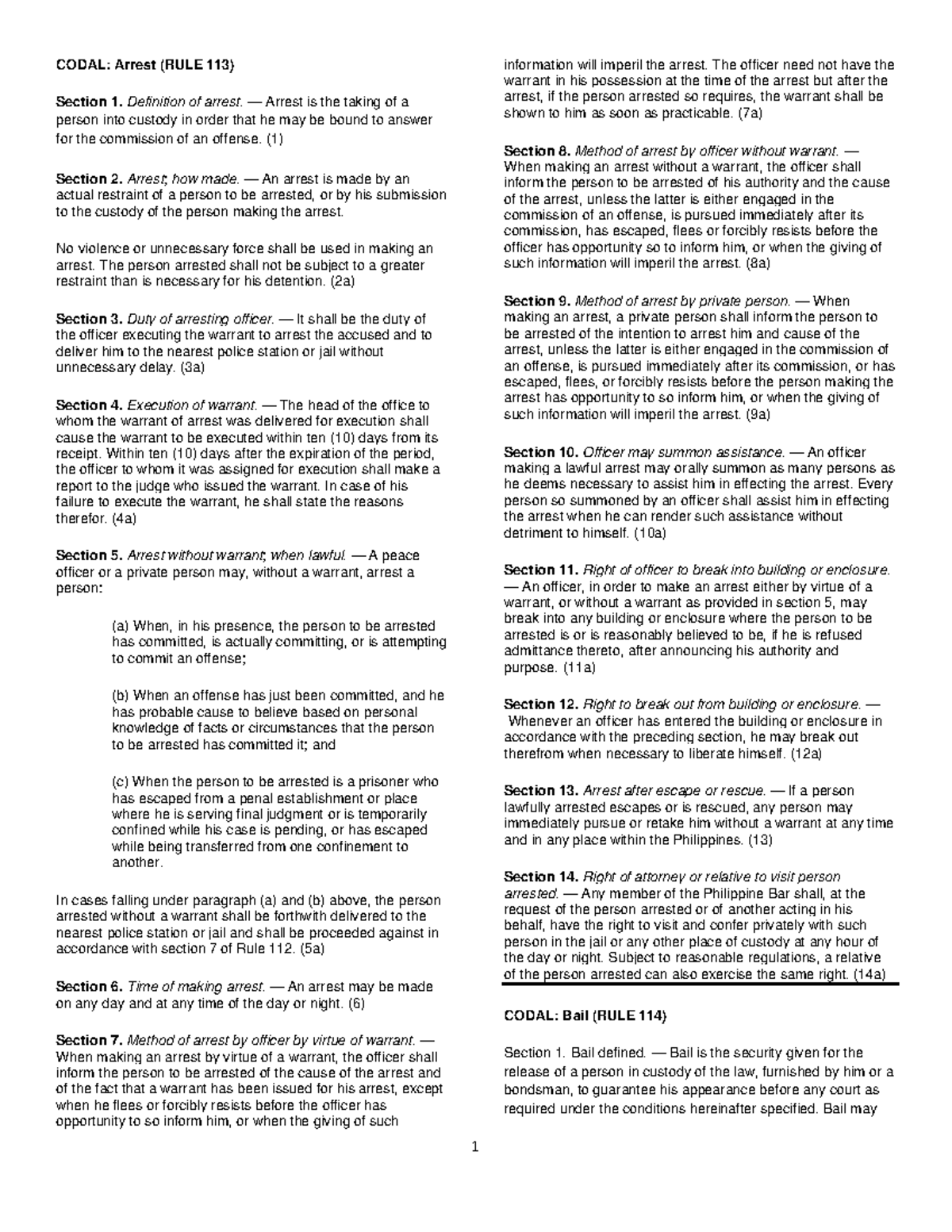 CODAL: Criminal Procedure Overview (RULES 113-120) Lecture Notes - Studocu