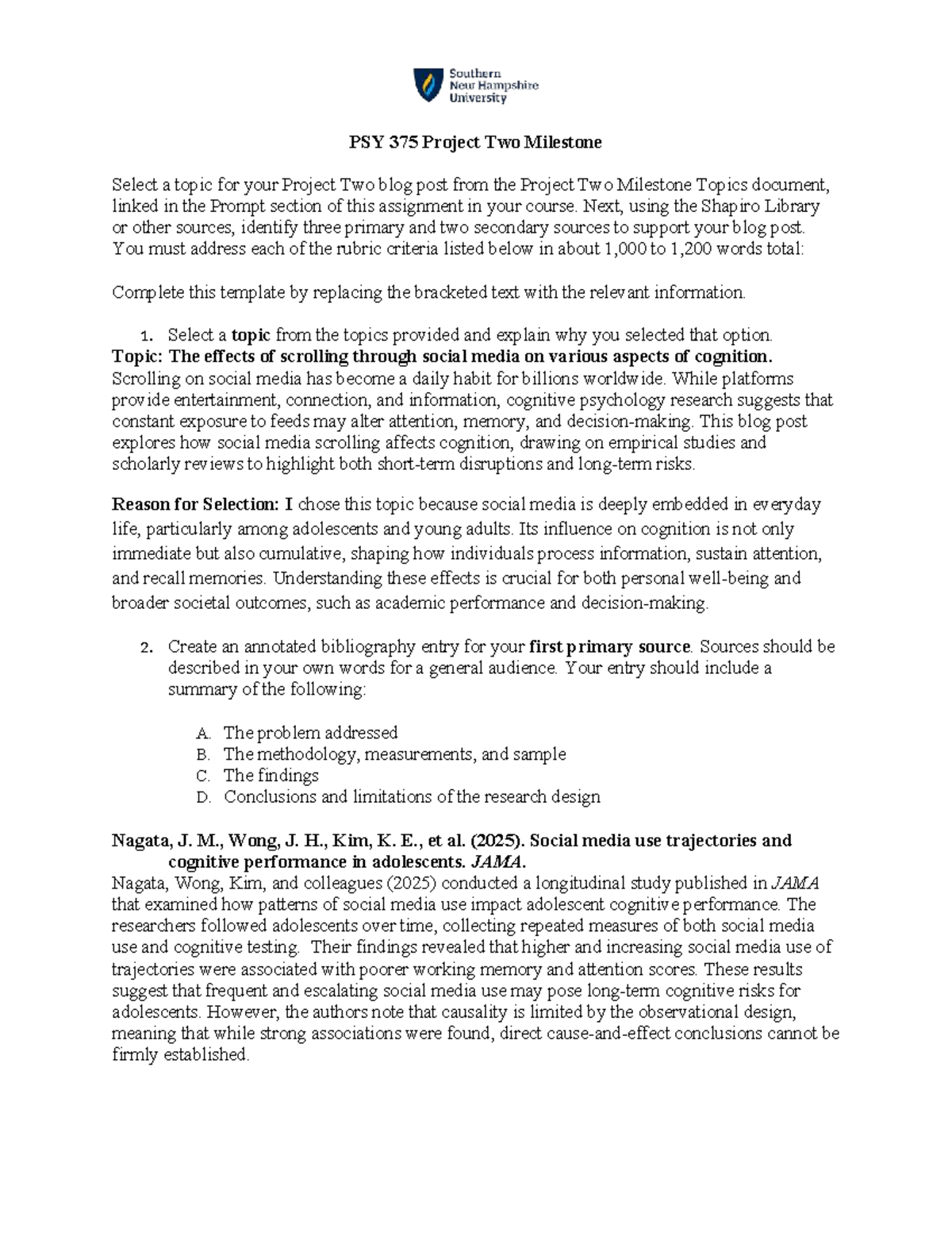 PSY 375 Project Two Milestone: Effects of Social Media on Cognition ...