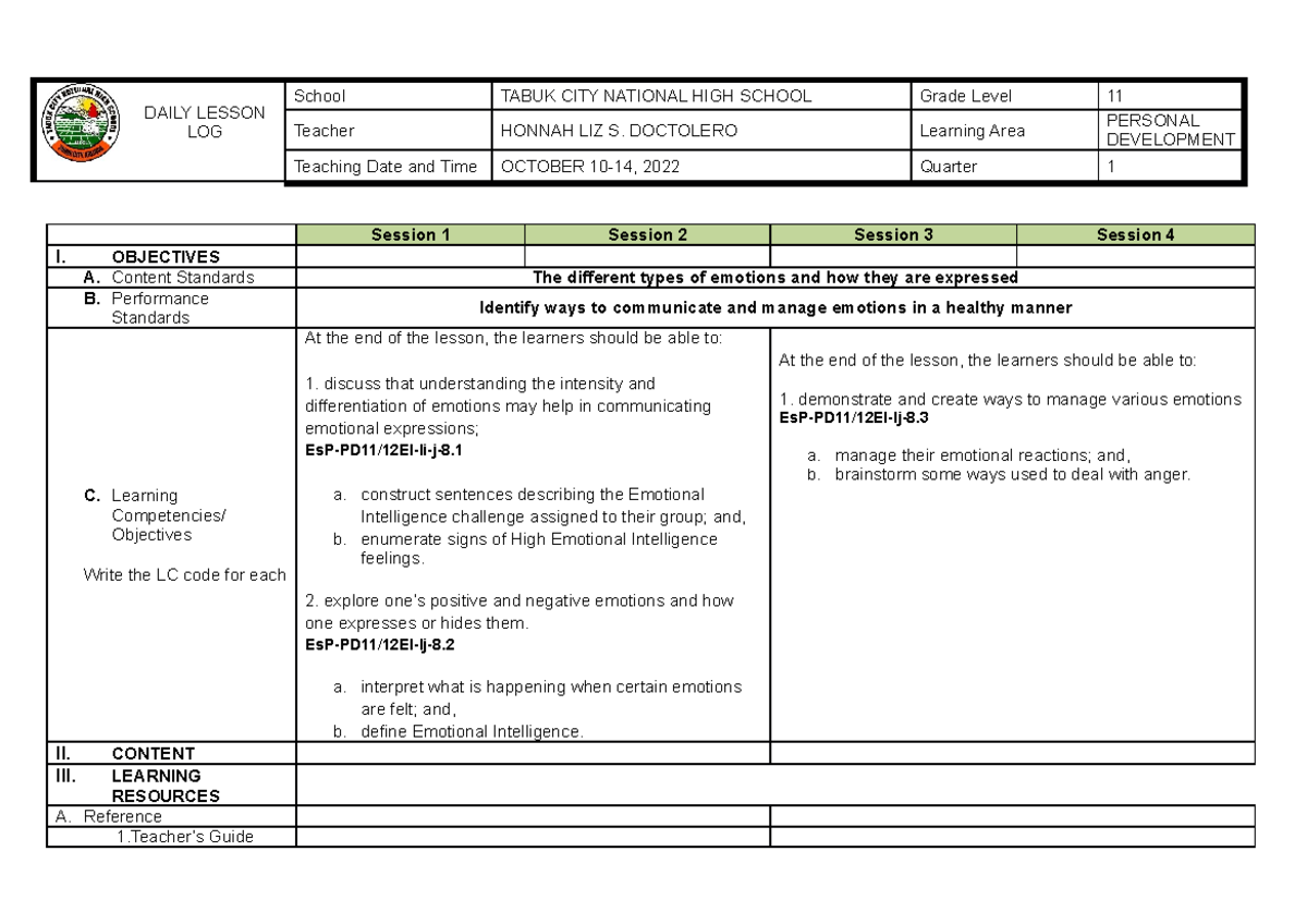 DLL Week 8 - Emotional Intelligence Lesson Plan for Teacher Ed - Studocu