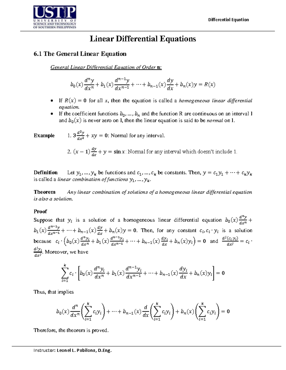 Differential Equations ES 208 Topic 5: Linear Equations & Theorems ...