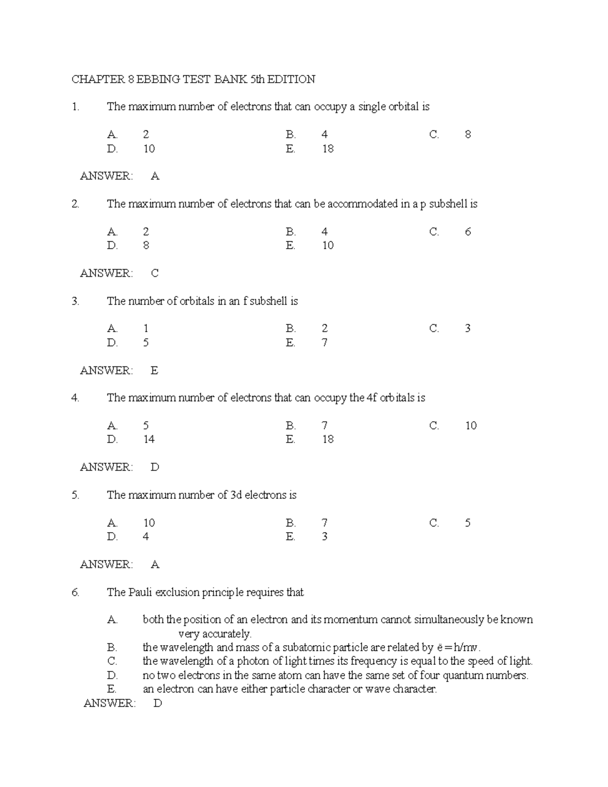 CHAPTER 8 EBBING TEST BANK: ATOMIC STRUCTURE QUESTIONS - Studocu