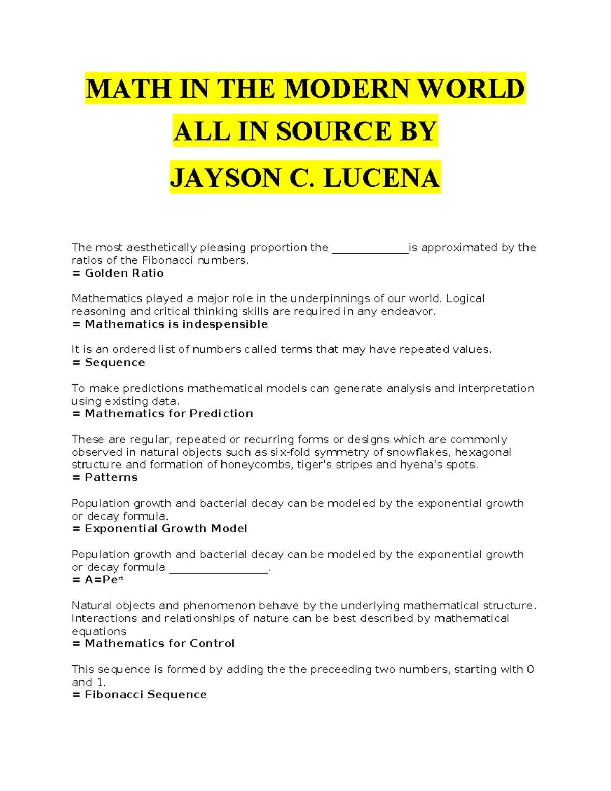 Mathematics in the Modern World (Final Exam) - FINAL EXAM MATH BY ...