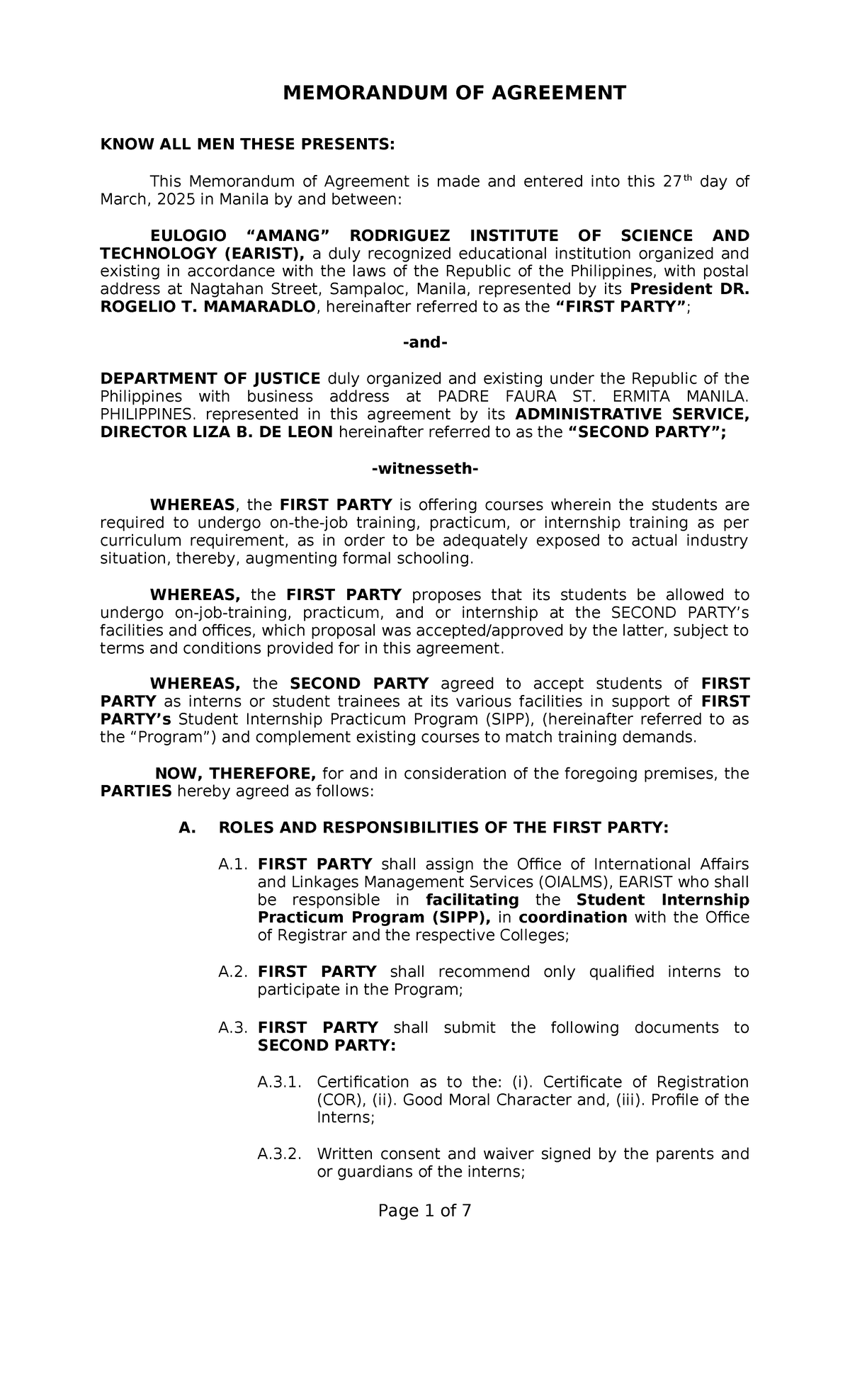 NEW OJT MOA for Student Internship Practicum Program (SIPP) at EARIST ...