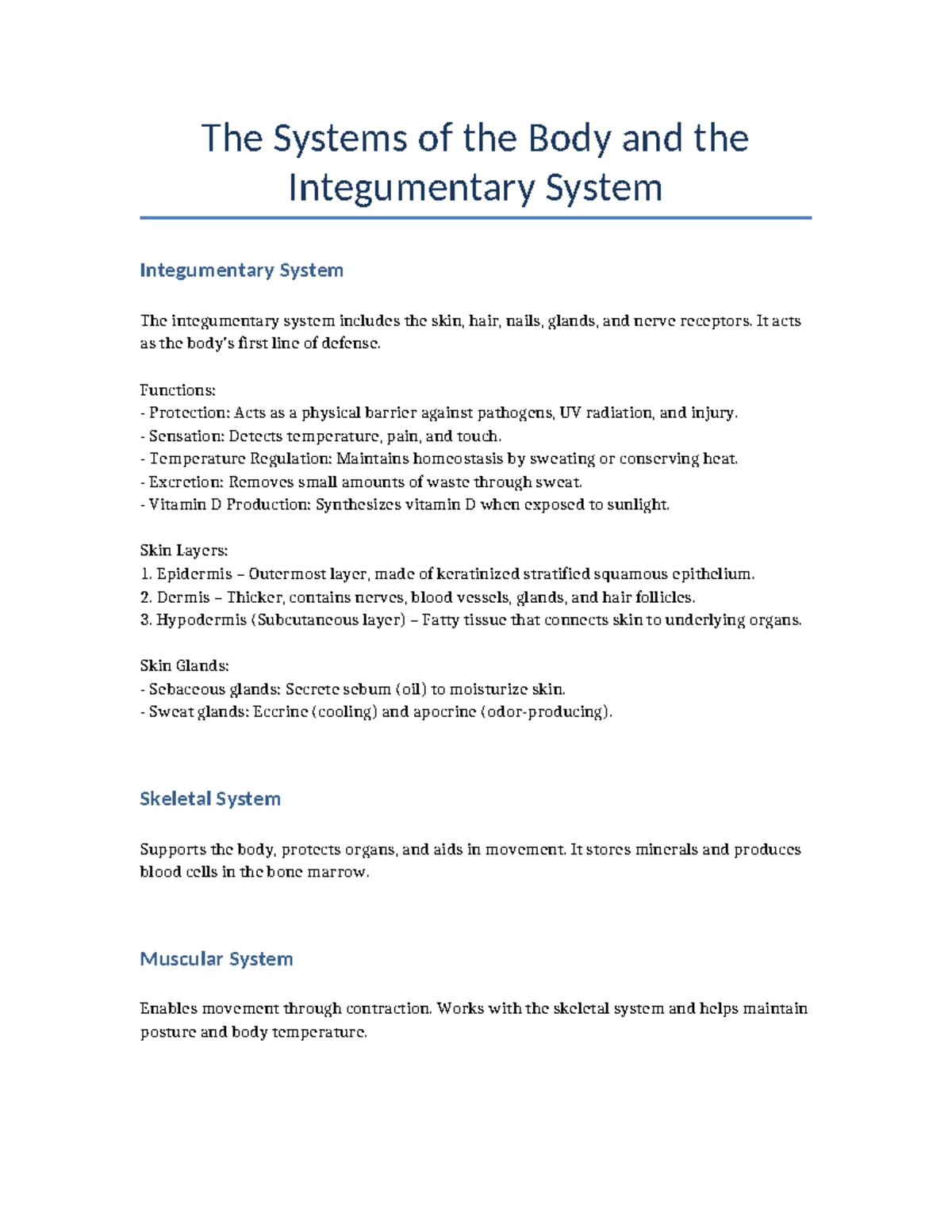 Body Systems Overview & Integumentary System Review (BIO101) - Studocu