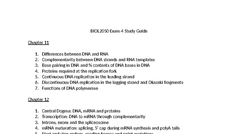 BIOL2050 Exam 4 Study Guide: Key Concepts in DNA, RNA & Protein ...
