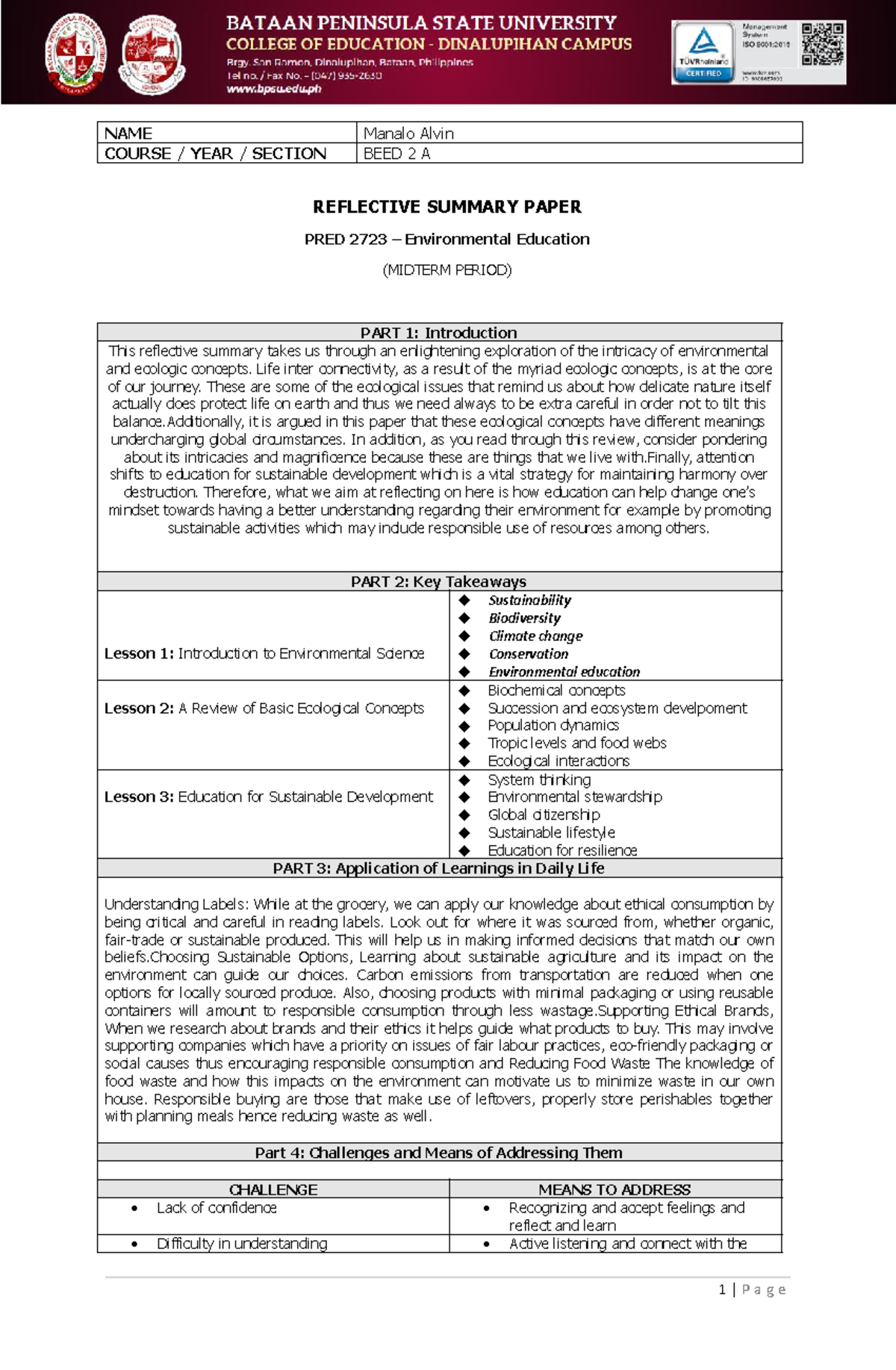 Reflective Summary - LECTURE - 1 | P a g e REFLECTIVE SUMMARY PAPER ...