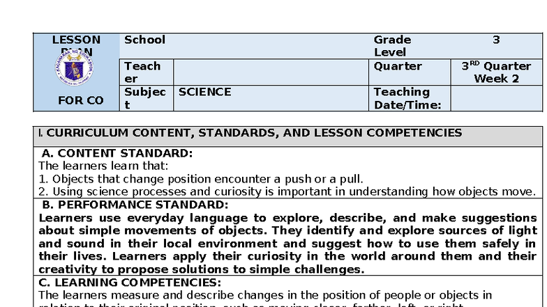 LESSON PLAN COT-1: Understanding Object Positions in Science - Studocu