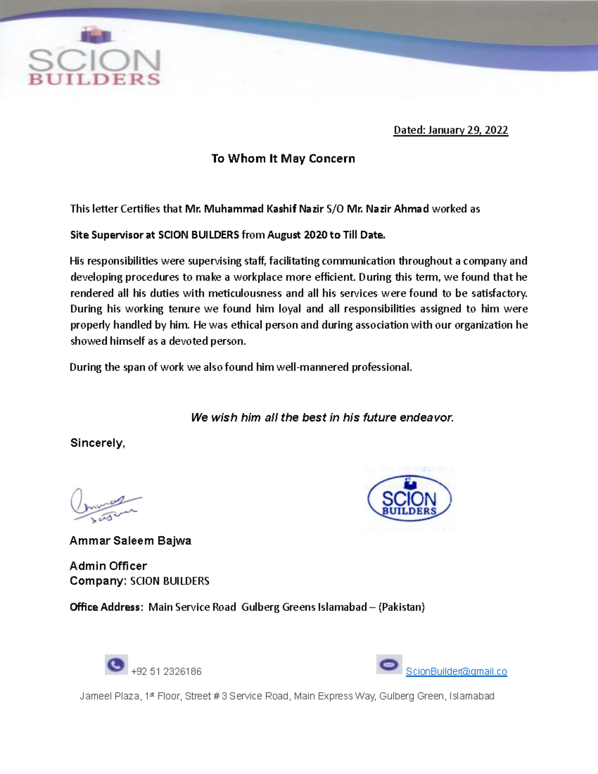 Experience Letter for Mr. Muhammad Kashif Nazir - SCION BUILDERS - Studocu