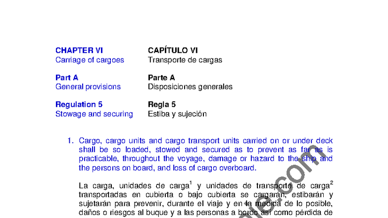 CHAPTER VI Cargo Stowage & Securing Regulations - SOLAS - Studocu