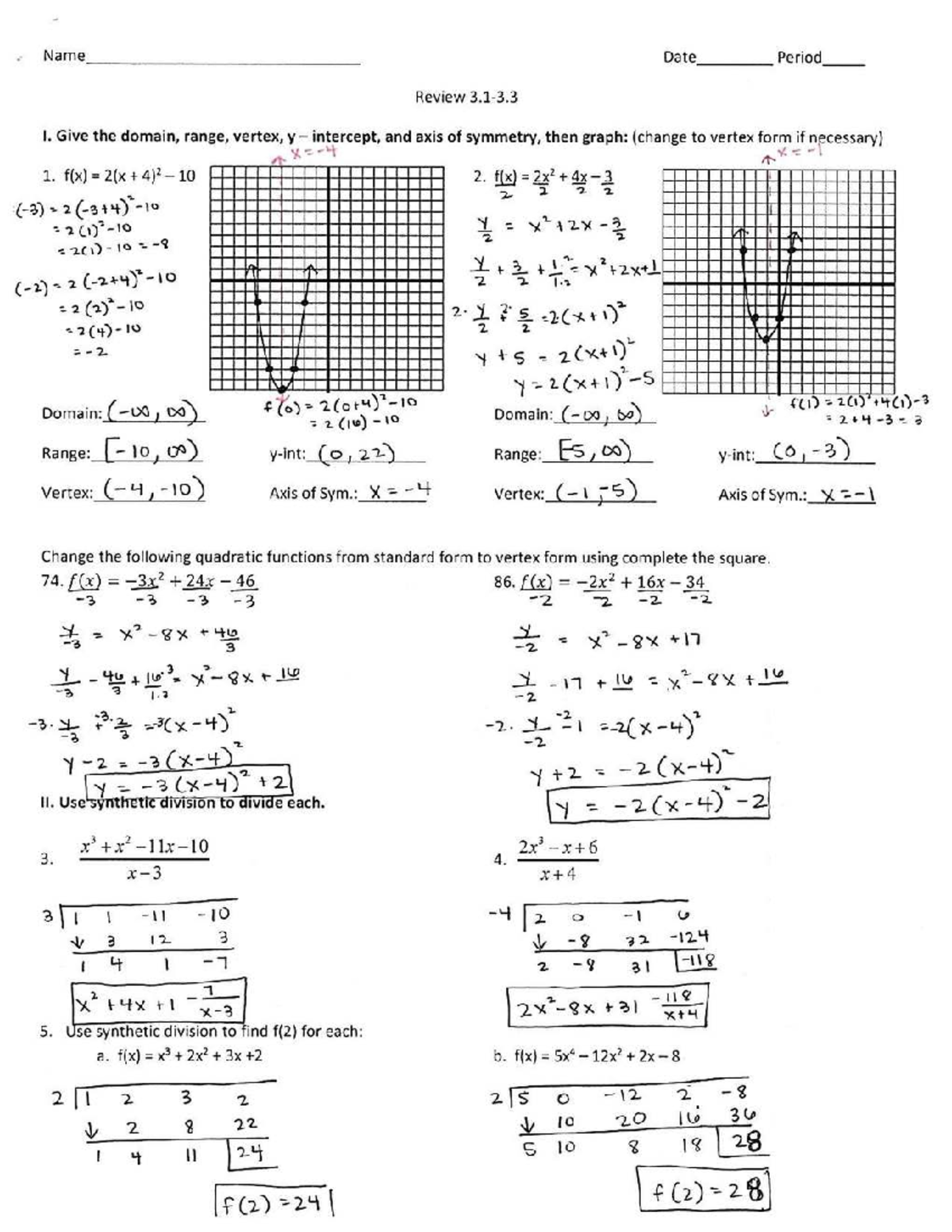 3.1-3.3 Review Key: Domain, Range, and Zeros of Quadratic Functions ...