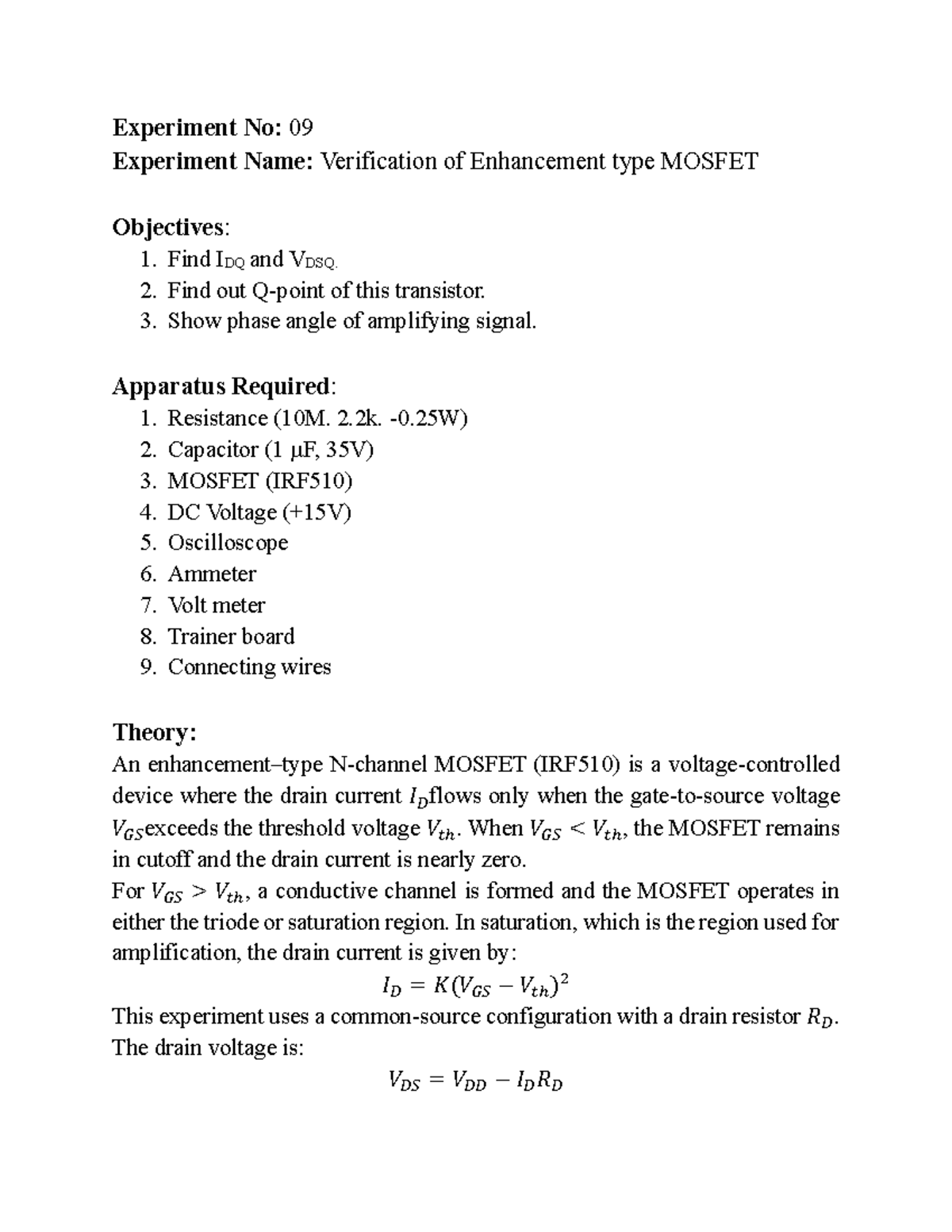 EEE 09 Lab Report: Verification of Enhancement Type MOSFET - Studocu