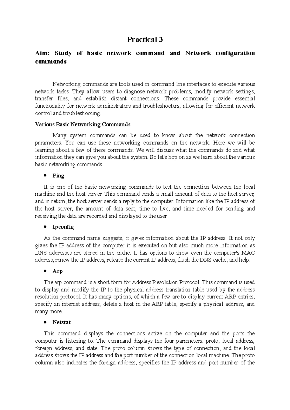 Practical 3 CN - Practical 3 Aim: Study of basic network command and Network configuration ...