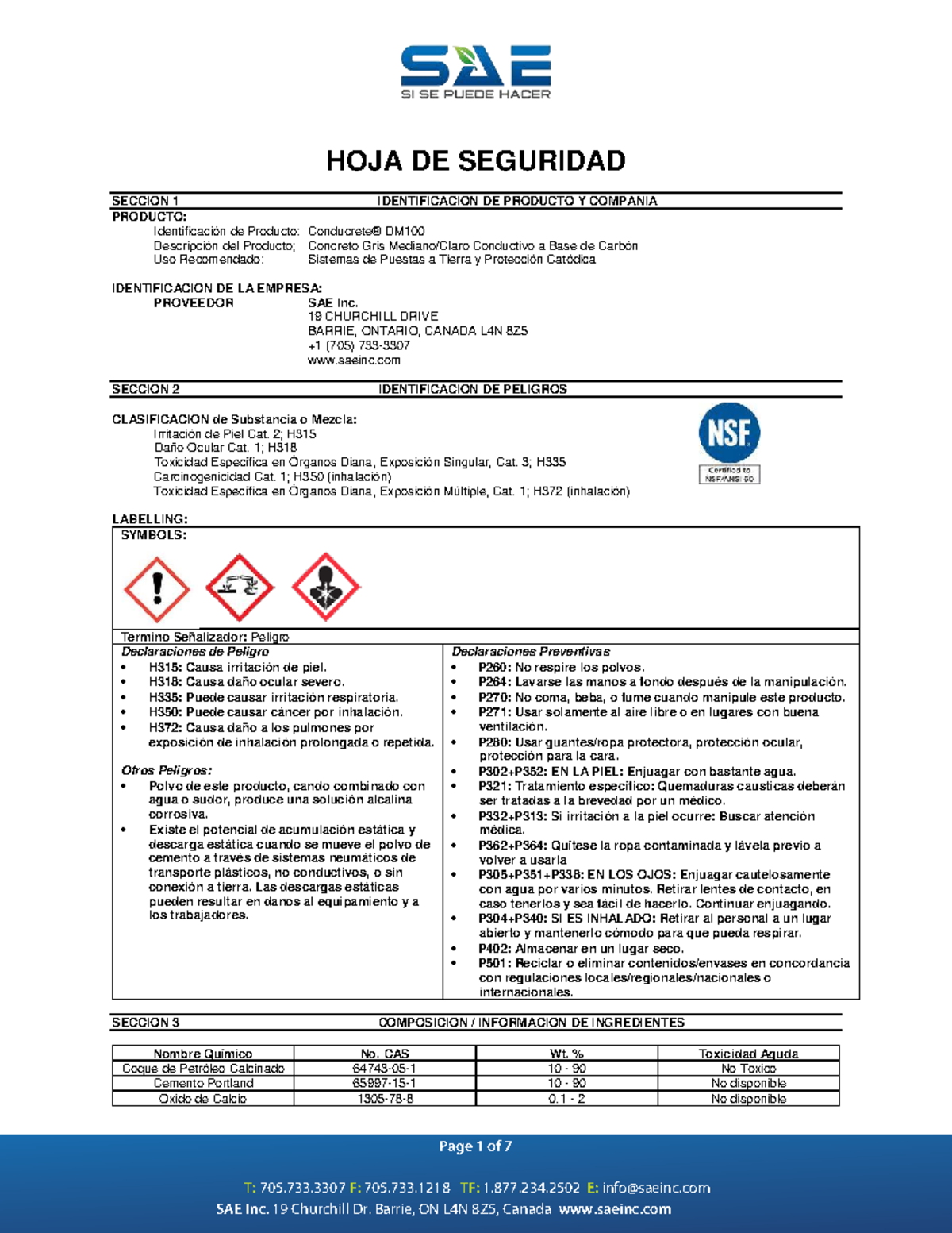 Hoja de Seguridad del Concreto Gris Conductivo DM100 (SDS 2017) - Studocu