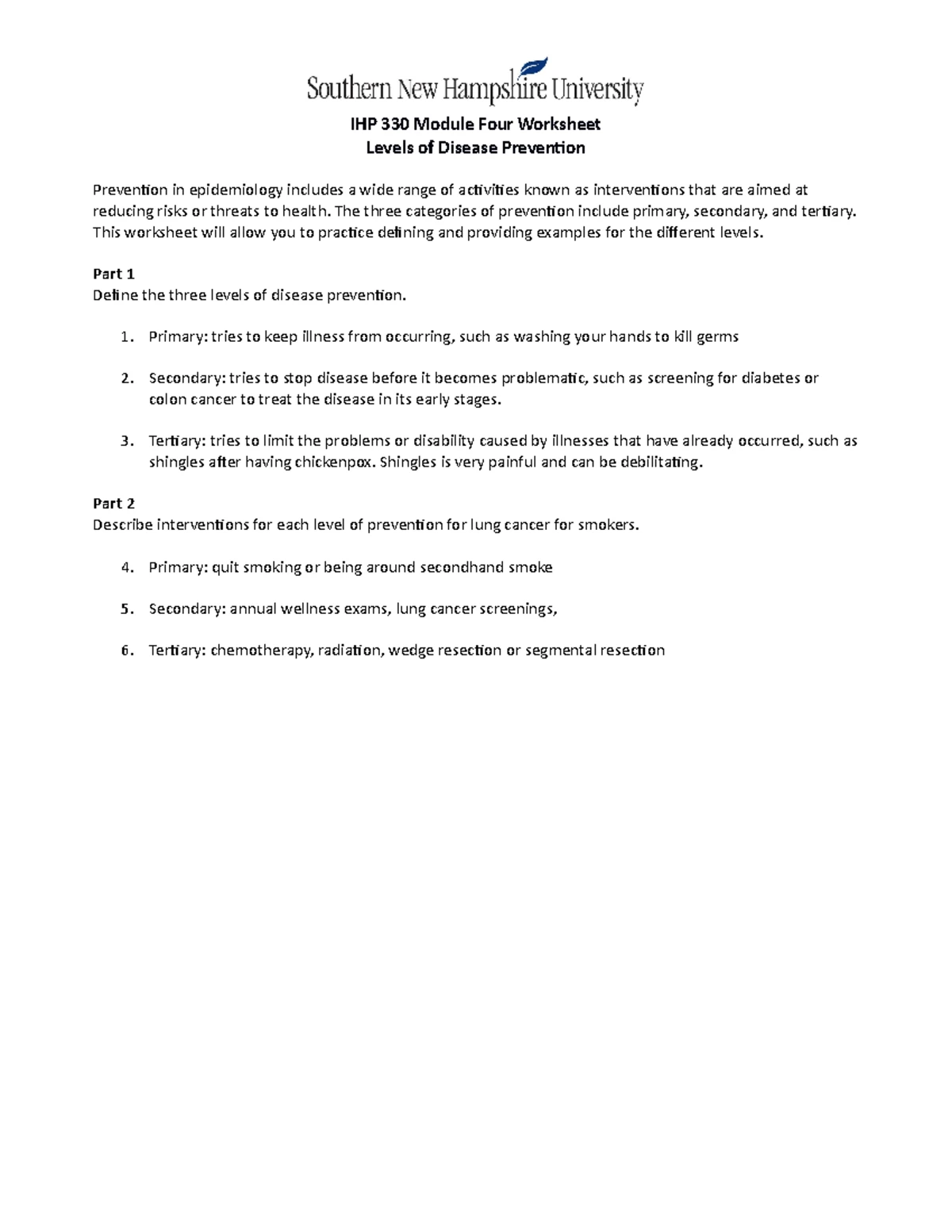 IHP 330 4-1 Worksheet: Levels of Prevention - IHP 330 Module Four ...