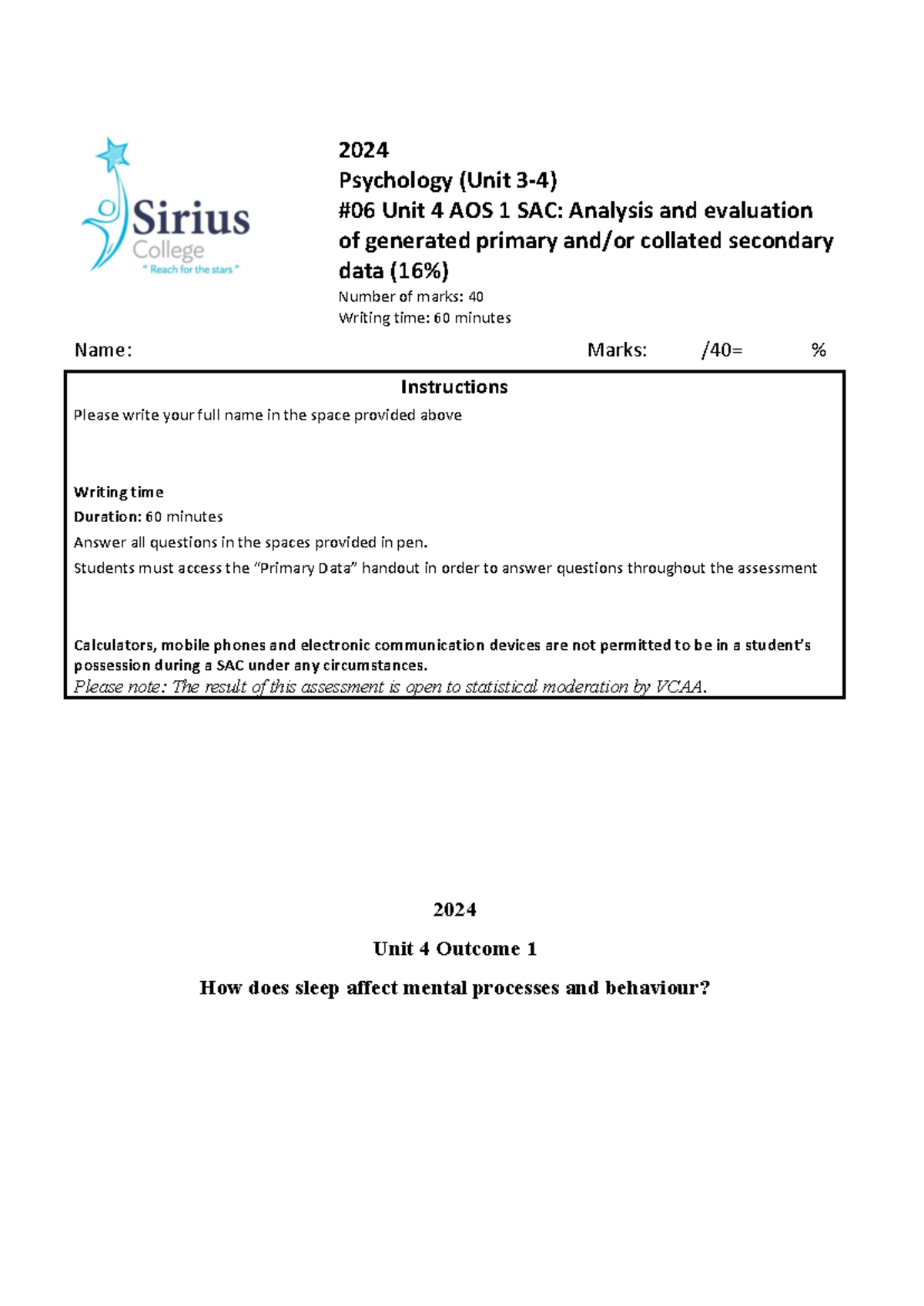 2024 Psychology Unit 4 AOS 1 SAC: Sleep Hygiene Study Analysis - Studocu
