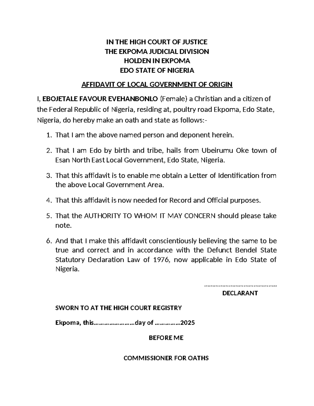 Affidavit of Local Government Origin - Ebojetale Favour Evehanbonlo ...