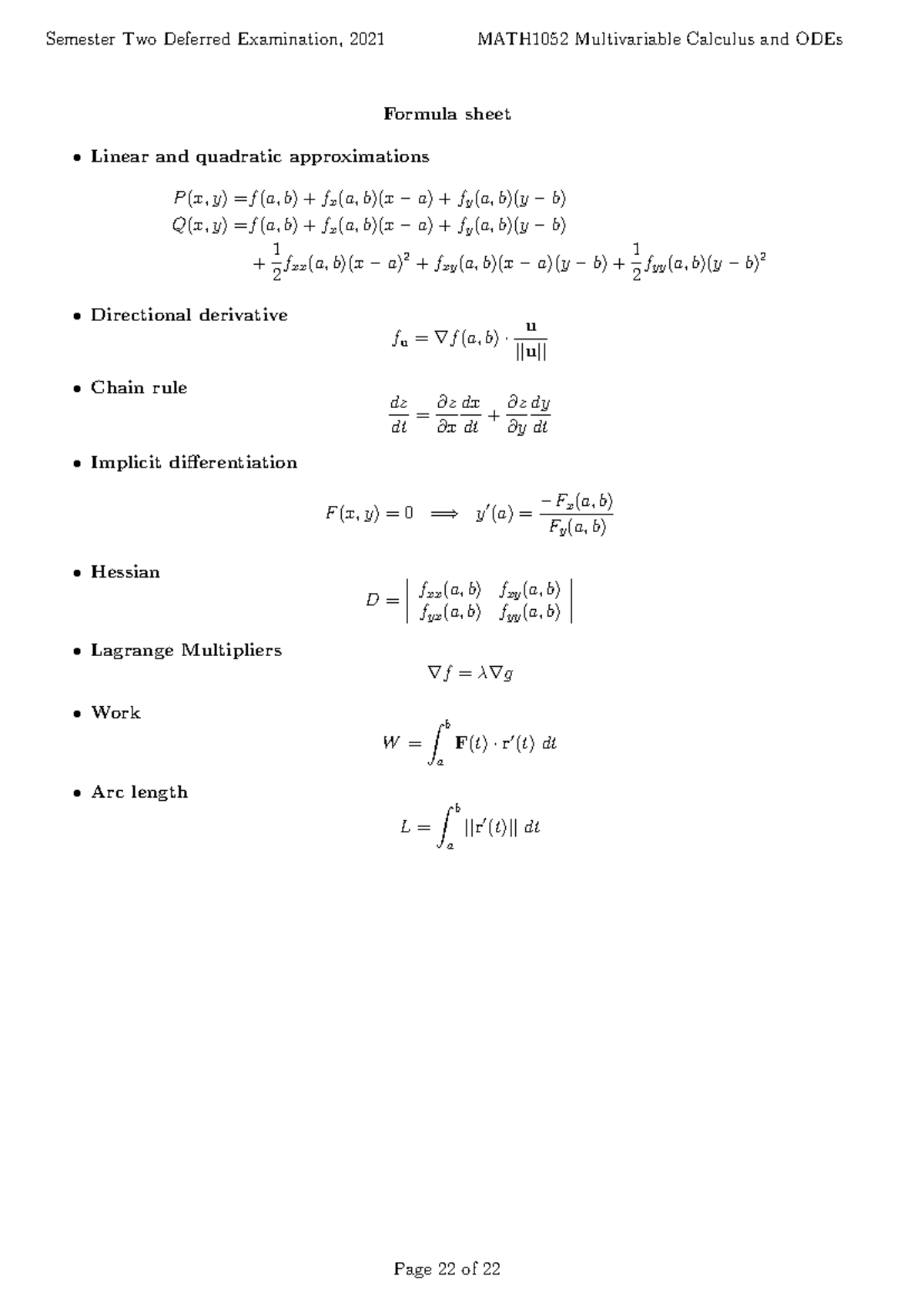 MATH1052 Final Exam Formula Sheet for Multivariable Calculus - Studocu