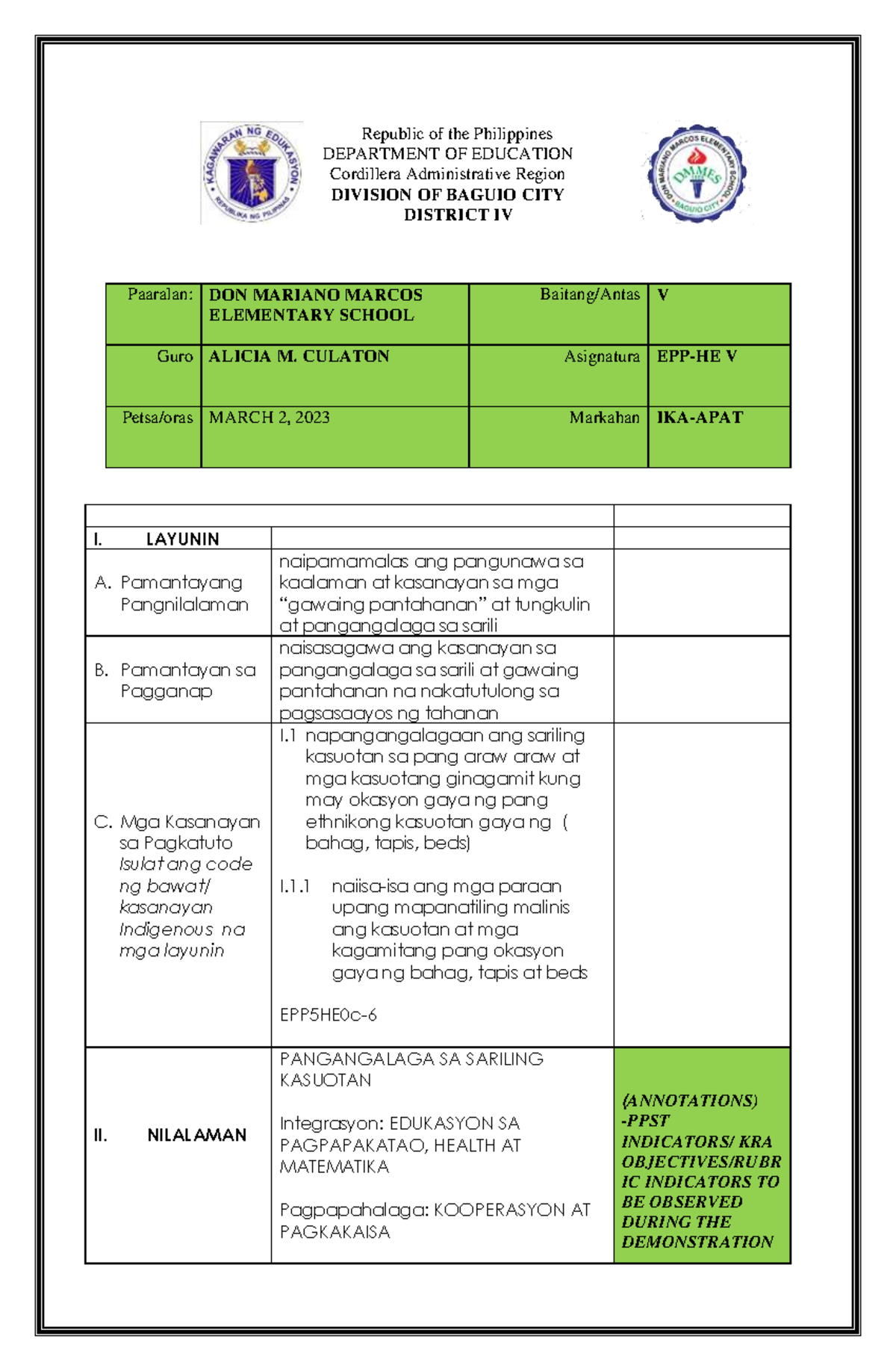 EPP DLP GUID PDF - lesson plan - Republic of the Philippines DEPARTMENT ...